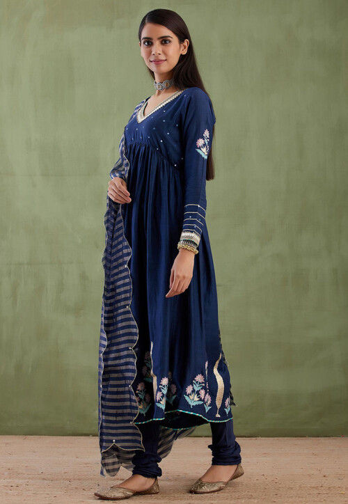 Buy Printed Cotton Silk Aline Suit in Navy Blue Online : KBU111 - Utsav ...