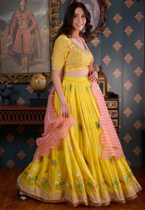 Buy Printed Cotton Silk Lehenga in Yellow Online : LAS18 - Utsav Fashion