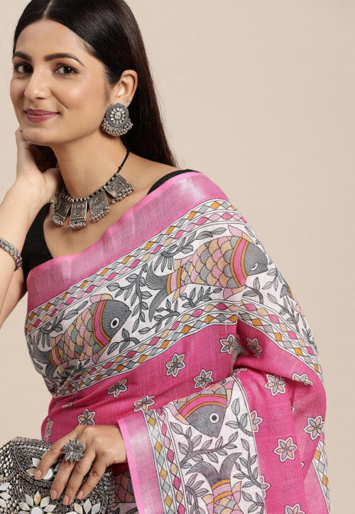 Buy Printed Cotton Slub Saree in Pink Online : SUG829 - Utsav Fashion