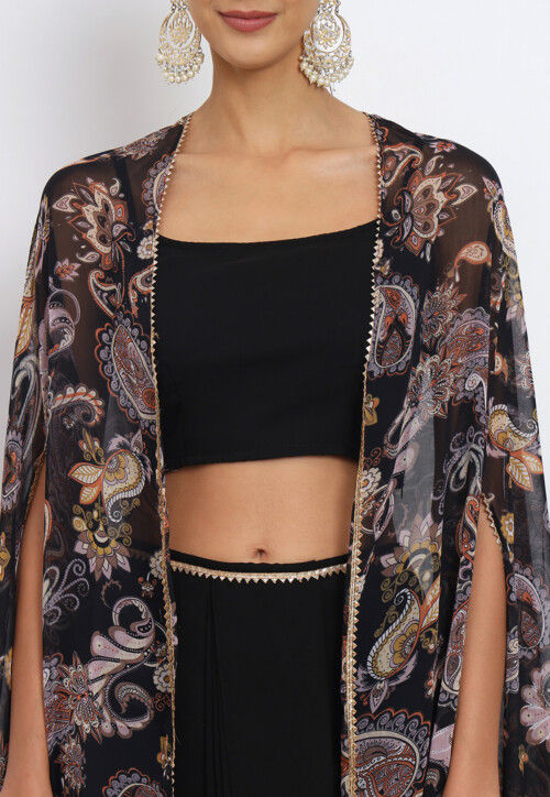 Buy Printed Georgette Crop Top Set with Jacket in Black Online ...