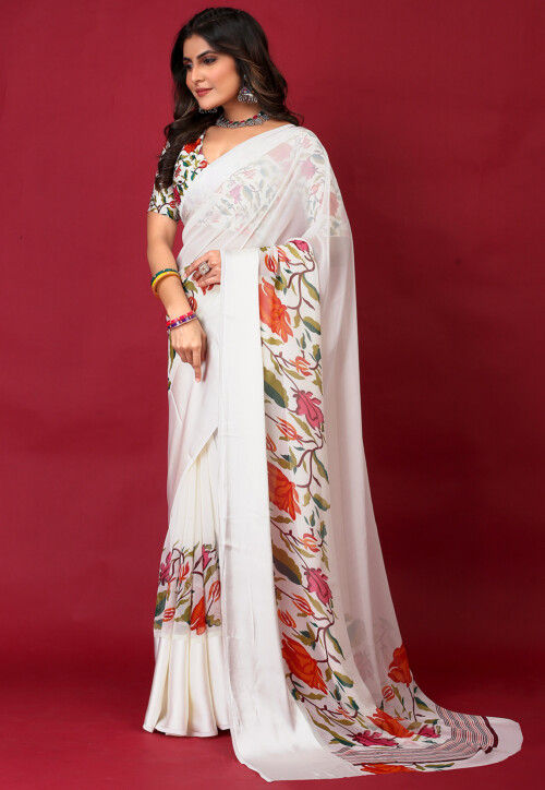 Buy Printed Georgette Saree in White Online : SEW15405 - Utsav Fashion