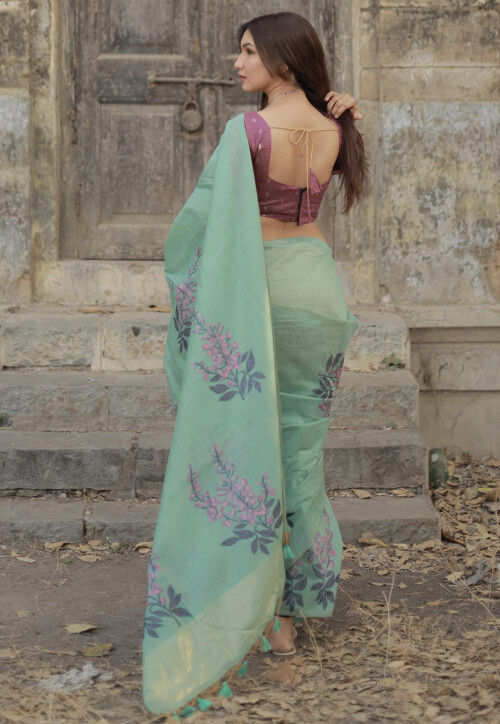Buy Printed Muga Silk Saree in Sky Blue Online : SPTA16564 - Utsav Fashion