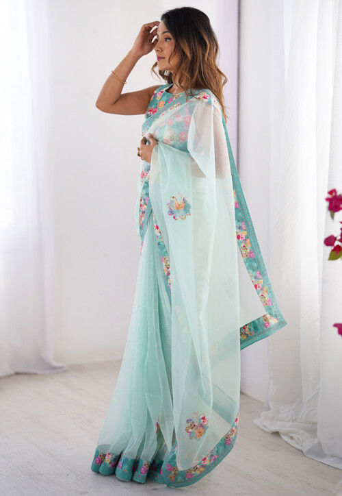 Buy Printed Net Saree in Pastel Blue Online : SPF14358 - Utsav Fashion