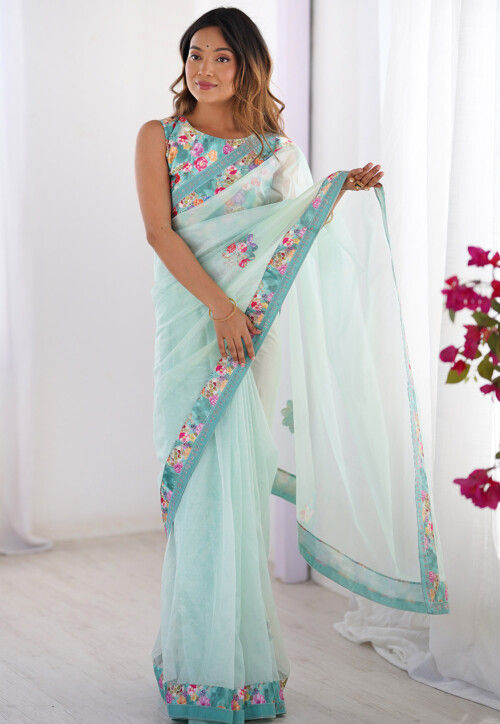 Buy Printed Net Saree in Pastel Blue Online : SPF14358 - Utsav Fashion