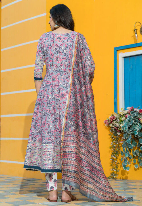 Buy Printed Pure Cotton A Line Suit in Grey Online : KMM333 - Utsav Fashion