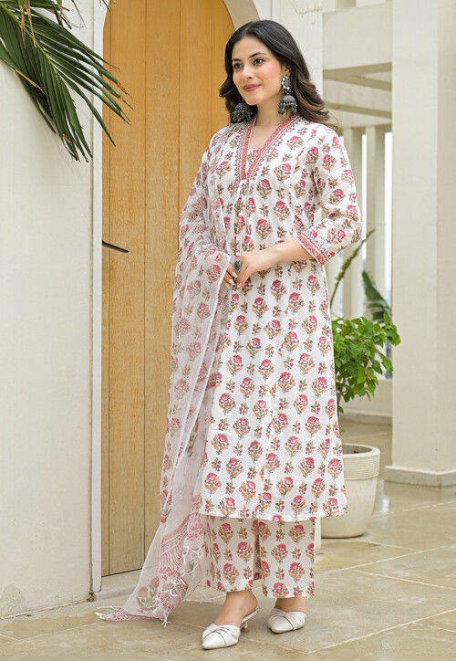 Buy Printed Pure Cotton A Line Suit in White Online : KJX226 - Utsav ...