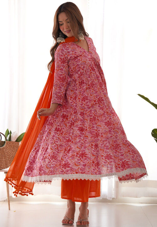 Buy Printed Pure Cotton Alia Cut Pakistani Suit in Pink Online : KHS829 ...