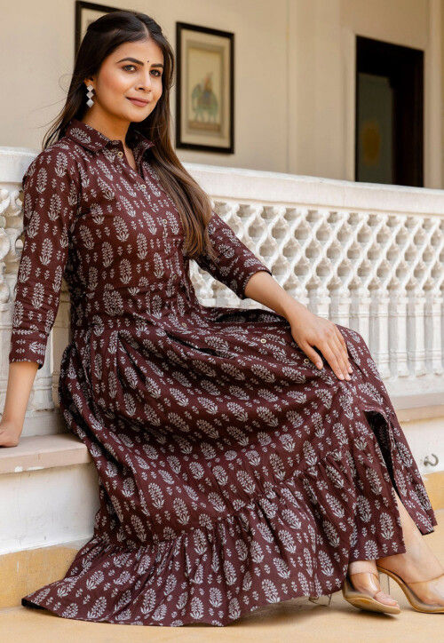 Buy Printed Pure Cotton Aline Dress in Dark Brown Online : TUV839 ...