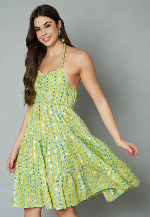 Buy Printed Pure Cotton Aline Dress in Light Green Online : TLU224 ...