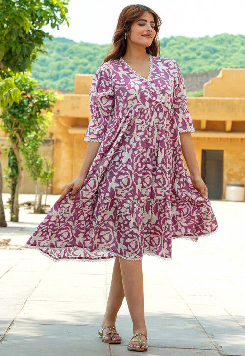 Buy Printed Pure Cotton Aline Dress in Purple Online : THM102 - Utsav ...