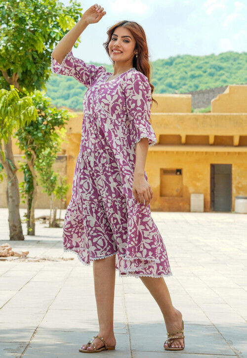 Buy Printed Pure Cotton Aline Dress in Purple Online : THM102 - Utsav ...