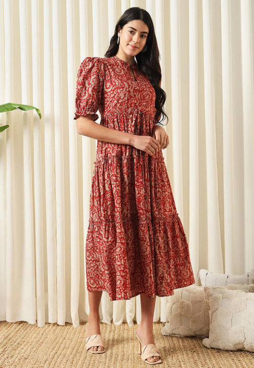 Buy Printed Pure Cotton Aline Dress in Red Online : TXS444 - Utsav Fashion