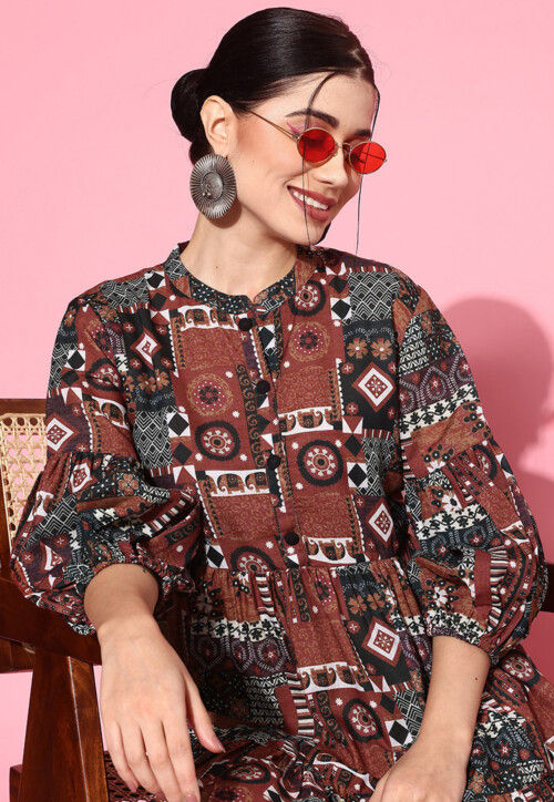 Buy Printed Pure Cotton Aline Dress in Rust Online : TXR924 - Utsav Fashion