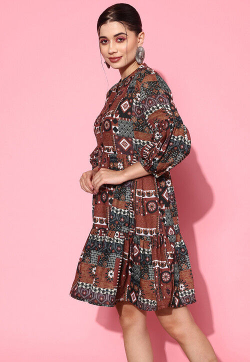 Buy Printed Pure Cotton Aline Dress in Rust Online : TXR924 - Utsav Fashion