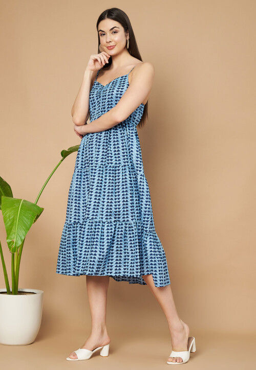 Buy Printed Pure Cotton Aline Dress in Sky Blue Online : TLU221 - Utsav ...