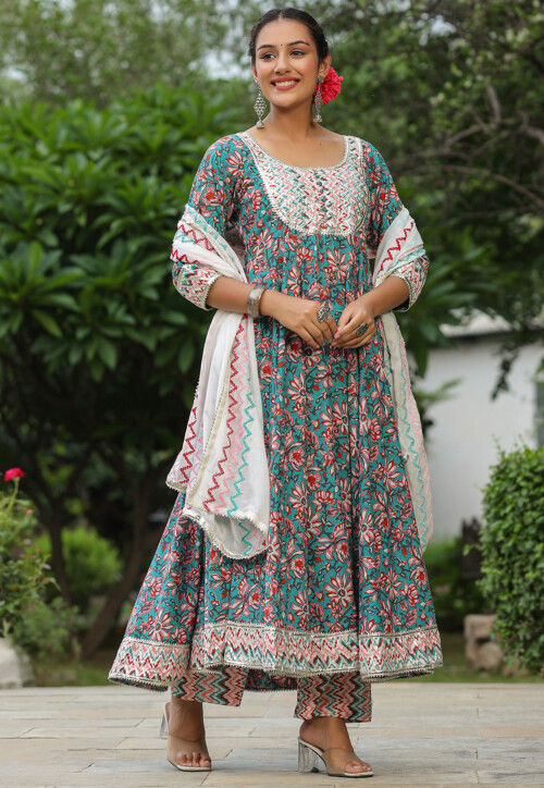 Buy Printed Pure Cotton Aline Suit in Blue Online : KJW338 - Utsav Fashion