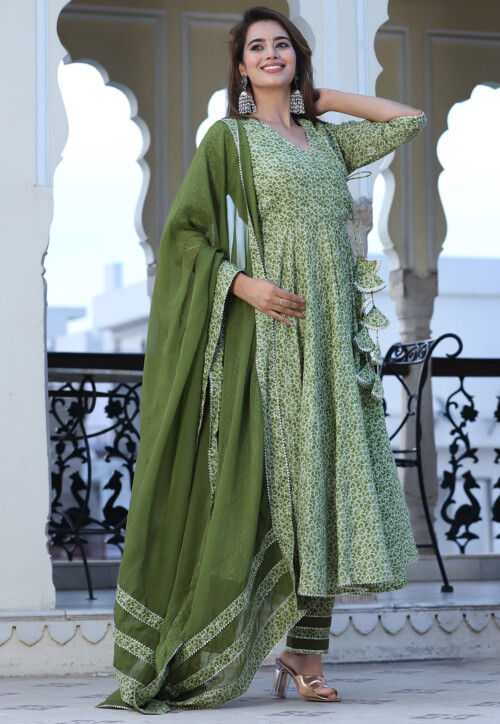 Buy Printed Pure Cotton Aline Suit in Green Online : KJW272 - Utsav Fashion