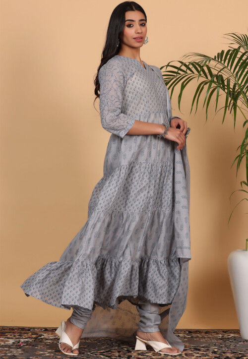 Buy Printed Pure Cotton Aline Suit in Light Grey Online : KXH410 ...
