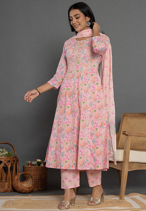 Buy Printed Pure Cotton Aline Suit in Light Peach Online : KJL1758 ...