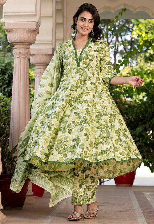 Buy Printed Pure Cotton Aline Suit in Light Yellow Online : KXN98 ...