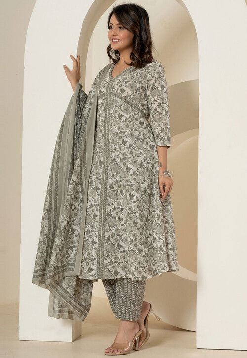 Buy Printed Pure Cotton Aline Suit in Off White and Grey Online ...