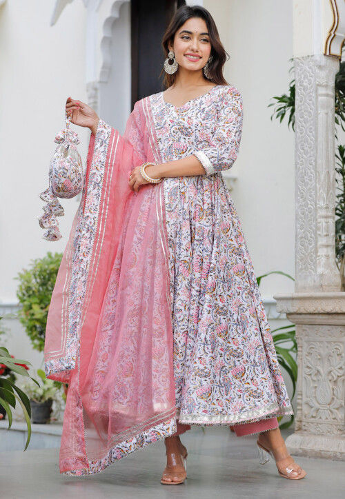 Buy Printed Pure Cotton Aline Suit in Off White Online : KJW267 - Utsav ...