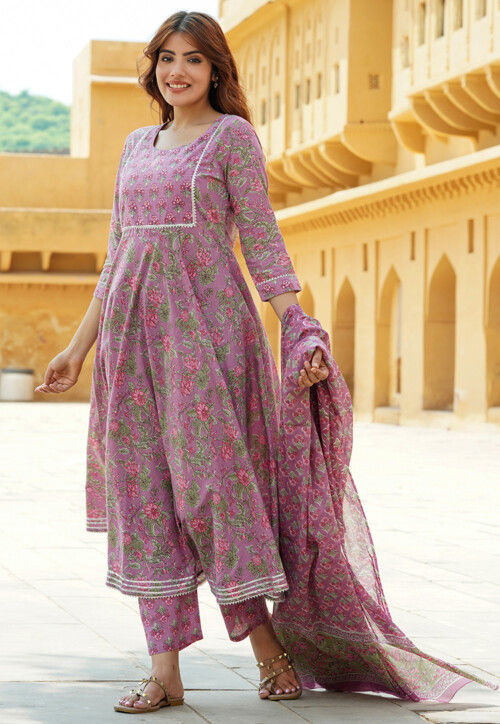 Buy Printed Pure Cotton Aline Suit in Purple Online : KQK30 - Utsav Fashion