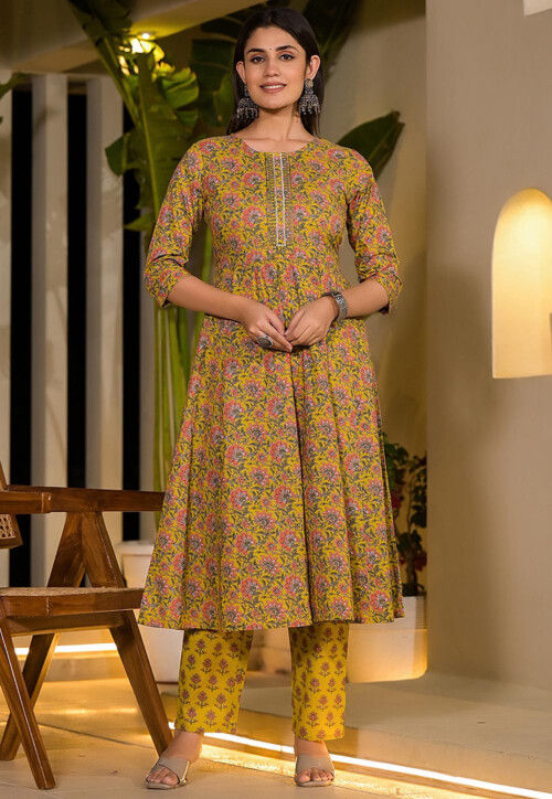 Buy Printed Pure Cotton Aline Suits in Yellow Online : KJL1443 - Utsav ...