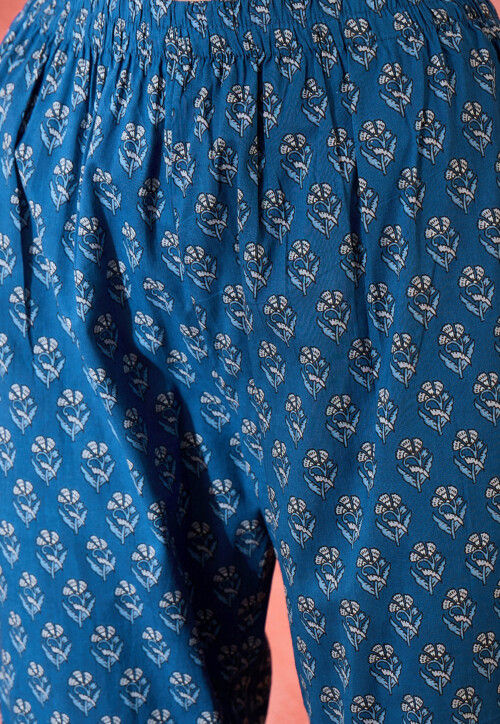 Buy Printed Pure Cotton Angrakha Style A Line Suit in Dark Teal Blue ...