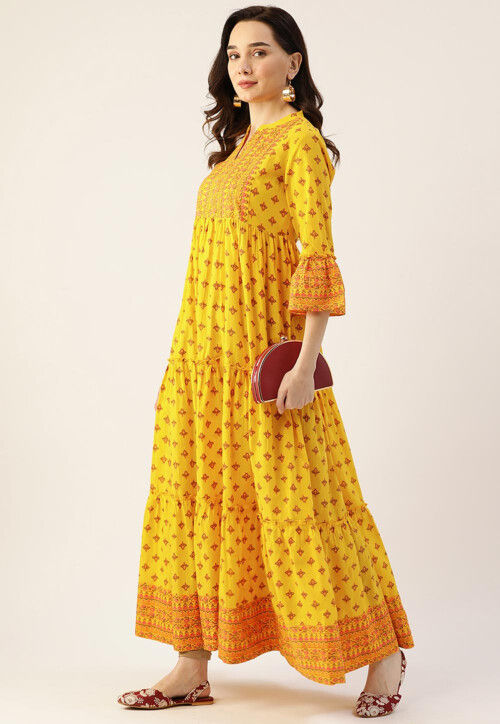 Buy Printed Pure Cotton Long Kurta in Yellow Online : TPH37 - Utsav Fashion