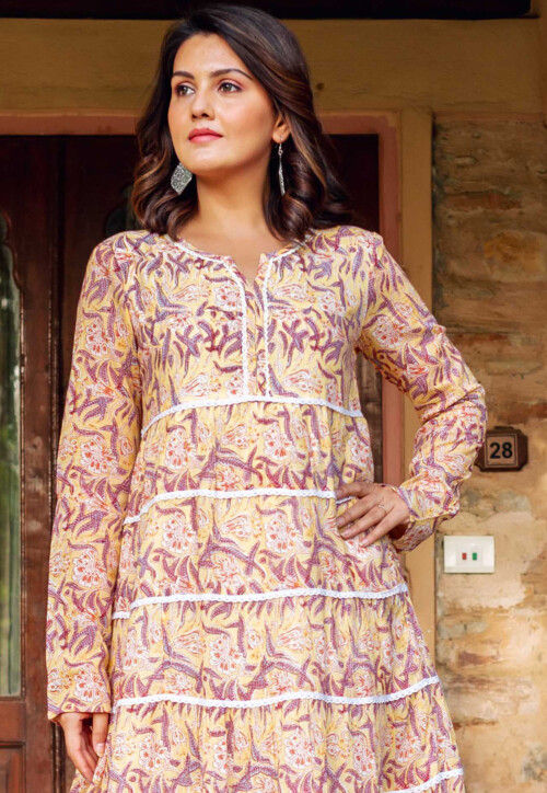 Buy Printed Pure Cotton Long Kurta in Yellow Online : TQM908 - Utsav ...