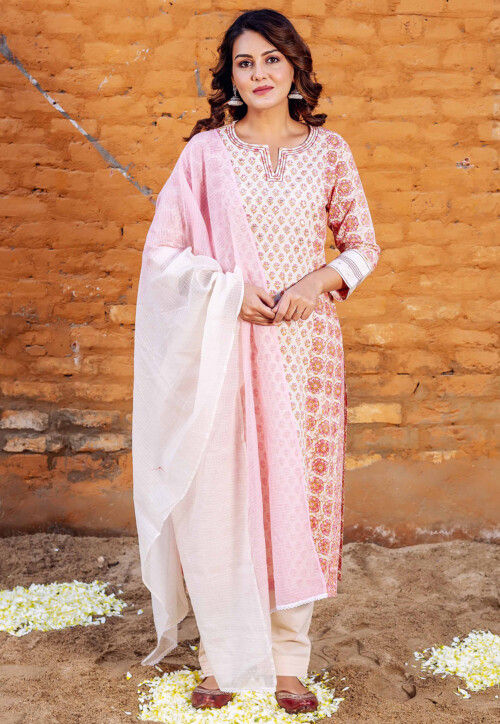 Buy Printed Pure Cotton Pakistani Suit in Light Beige Online : KMQS223 ...