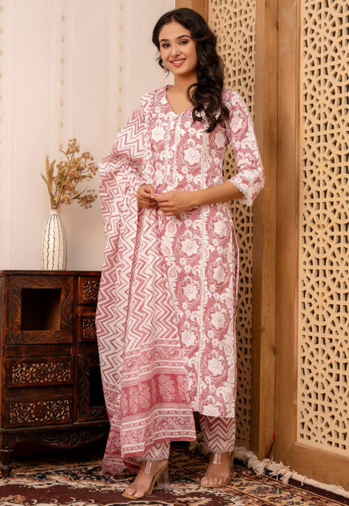 Buy Printed Pure Cotton Pakistani Suit in Old Rose and White Online ...