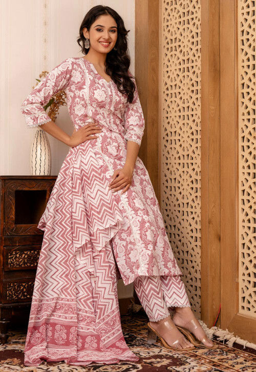 Buy Printed Pure Cotton Pakistani Suit in Old Rose and White Online ...