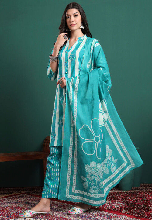 Buy Printed Pure Cotton Pakistani Suit in Turquoise and White Online ...