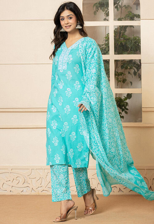 Buy Printed Pure Cotton Pakistani Suit in Turquoise Online : KJL1651 ...