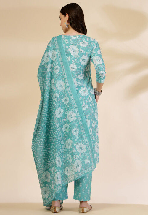 Buy Printed Pure Cotton Pakistani Suit in Turquoise Online : KJL2239 ...