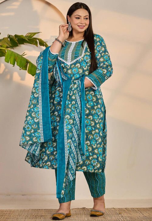 Buy Printed Pure Cotton Pakistani Suit in Turquoise Online : KJL2366 ...