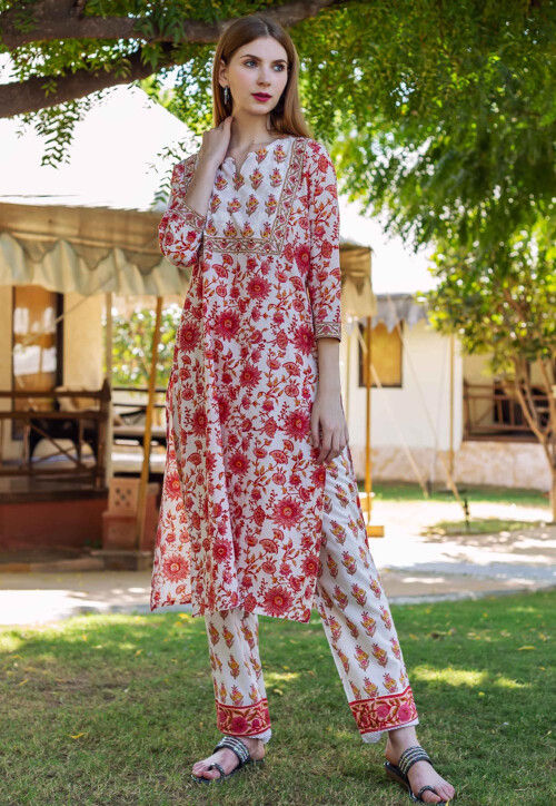 Buy Printed Pure Cotton Pakistani Suit in White Online : KMQS208 ...