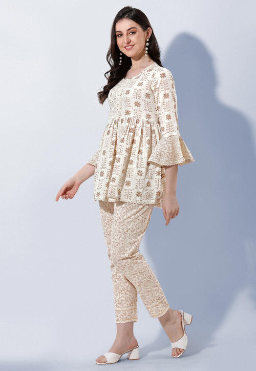 Printed Pure Cotton Peplum Style Top Set In Off White Tah51