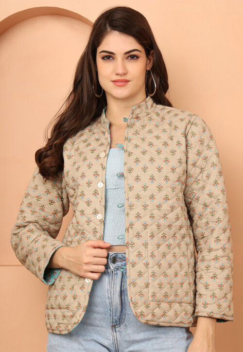 Buy Printed Pure Cotton Quilted Reversible Jacket in Green Online ...