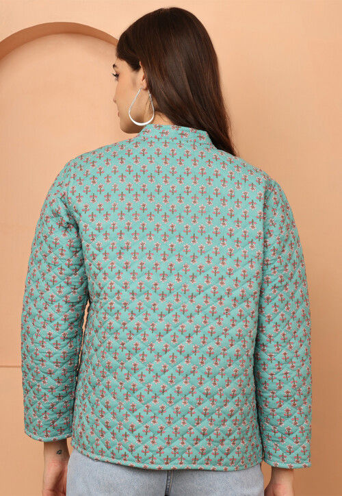 Buy Printed Pure Cotton Quilted Reversible Jacket in Green Online ...