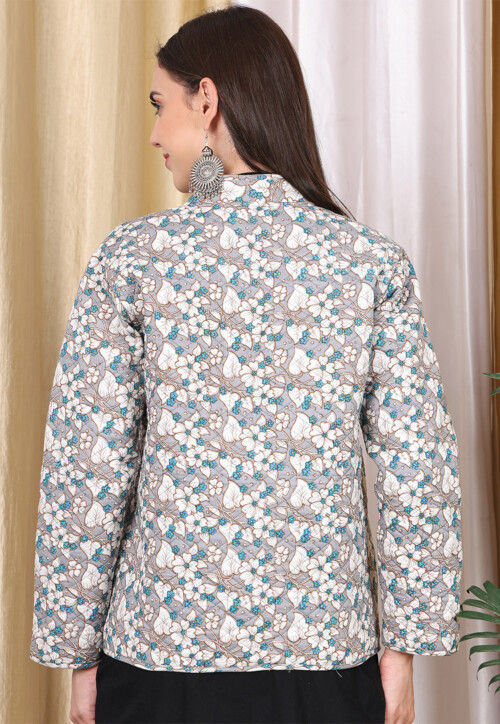Buy Printed Pure Cotton Quilted Reversible Jacket in Grey Online ...