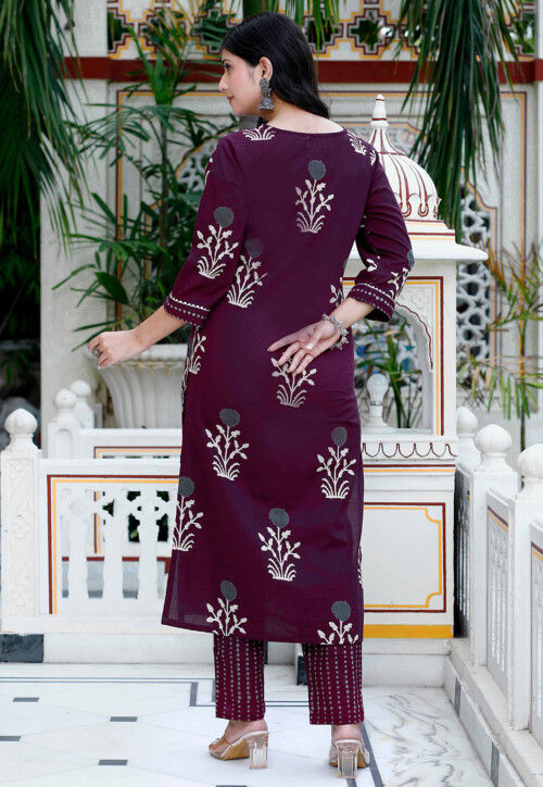Buy Printed Pure Cotton Straight Kurta Set in Violet Online : TFP328 ...