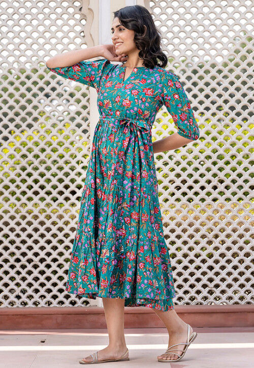 Buy Printed Pure Cotton Tiered Dress in Teal Blue Online : THM135 ...