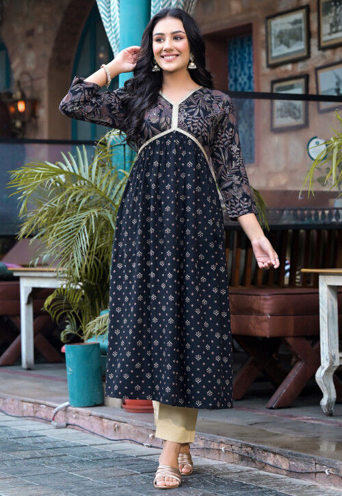 Buy Printed Rayon Alia Cut Kurta in Navy Blue Online : TPA3782 - Utsav ...