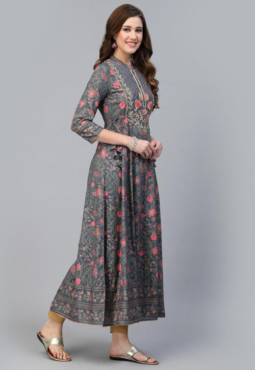 Buy Printed Rayon Aline Kurta in Grey Online : TPH42 - Utsav Fashion