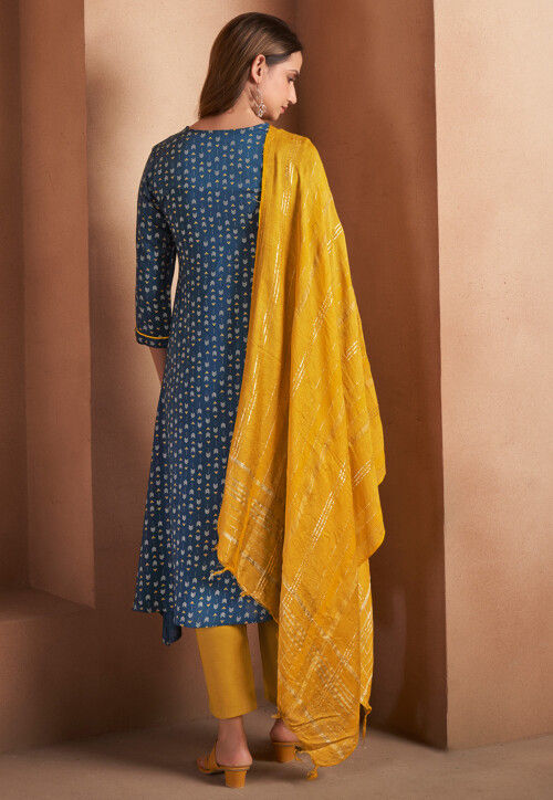 Buy Printed Rayon Asymmetric A Line Suit in Navy Blue Online : KJZ288 ...