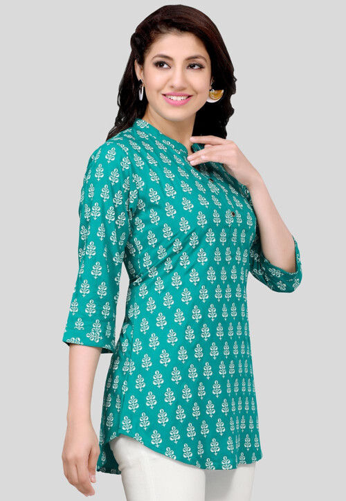 Buy Printed Rayon Tunic in Teal Green Online : TCX207 - Utsav Fashion