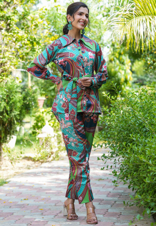 Buy Printed Satin Co Ord Set in Green Online : TXR854 - Utsav Fashion
